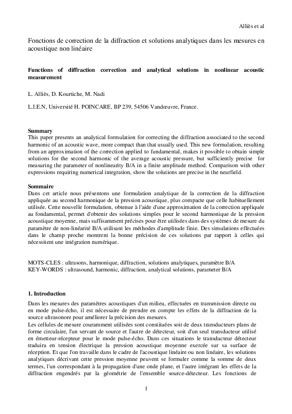 (PDF) Functions of diffraction correction and analytical solutions in nonlinear acoustic measurement