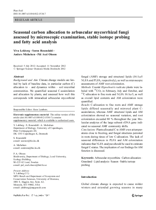 (PDF) Seasonal carbon allocation to arbuscular mycorrhizal fungi assessed by microscopic ...