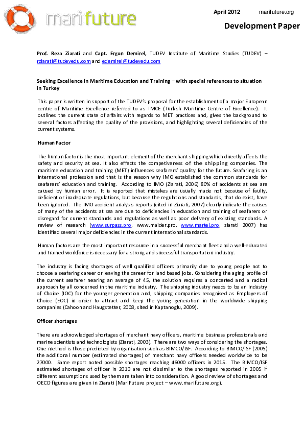 (PDF) Development Paper Seeking Excellence in Maritime Education and ...