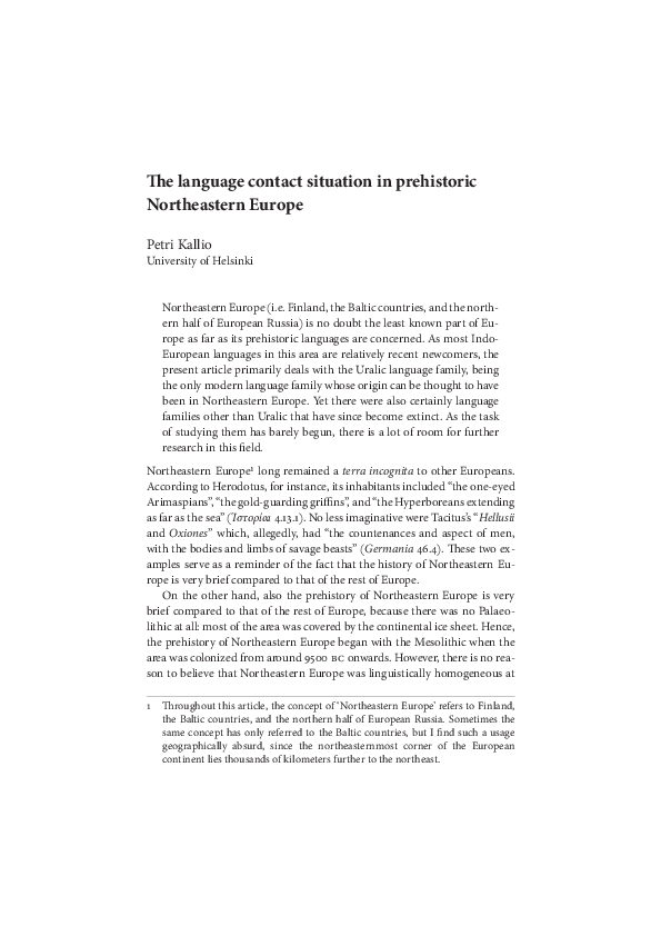 (PDF) The Language Contact Situation in Prehistoric Northeastern Europe