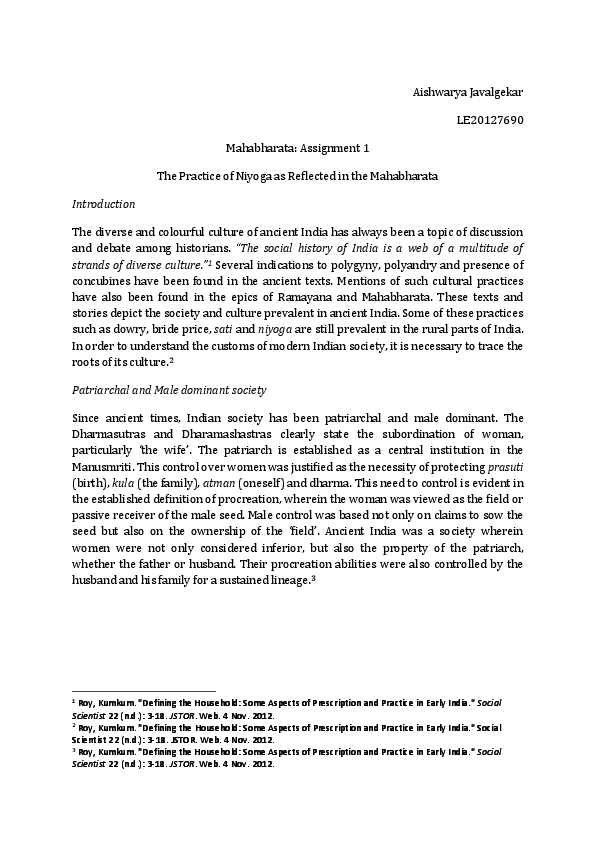 (PDF) The Practice of Niyoga as Reflected in the Mahabharata