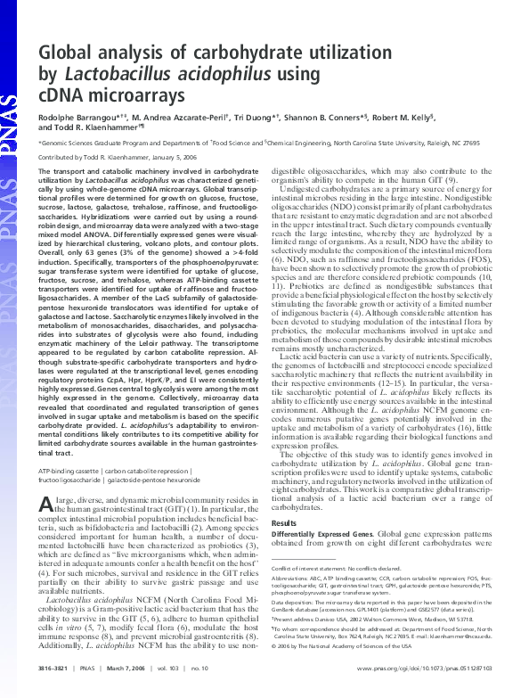 (PDF) Global analysis of carbohydrate utilization by Lactobacillus acidophilus using cDNA ...