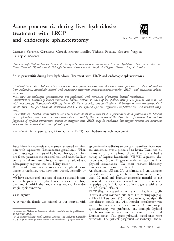 (PDF) Acute pancreatitis during liver hydatidosis. Treatment with ERCP ...