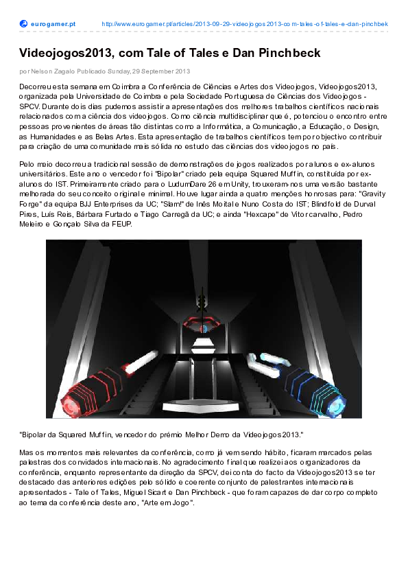 (PDF) Videojogos2013, com Tale of Tales e Dan Pinchbeck