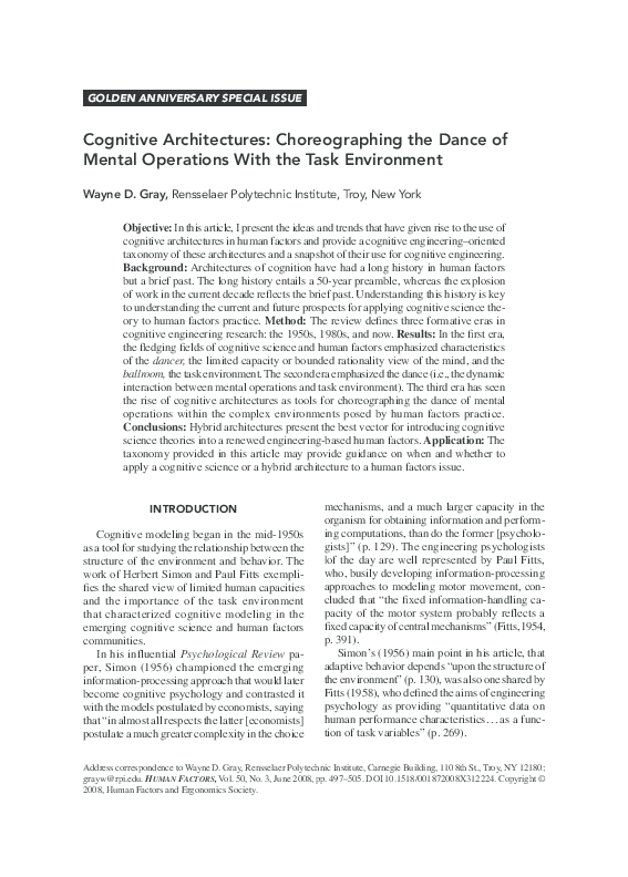 Pdf Cognitive Architectures Choreographing The Dance Of Mental Operations With The Task