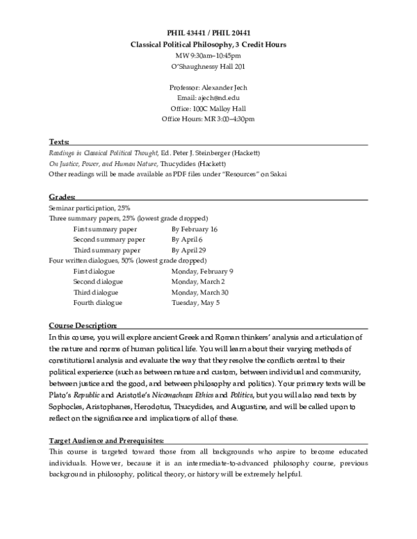 (PDF) Syllabus: PHIL 43441 Classical Political Philosophy