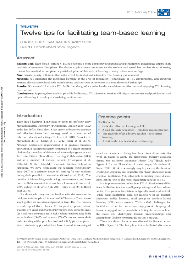 (PDF) 12 Tips for facilitating team-based learning