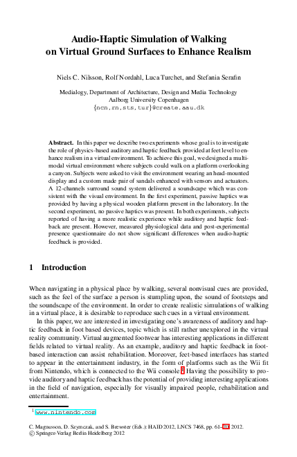 (PDF) Audio-Haptic Simulation of Walking on Virtual Ground Surfaces to Enhance Realism ...