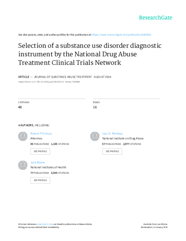 (PDF) Selection of a substance use disorder diagnostic instrument by ...