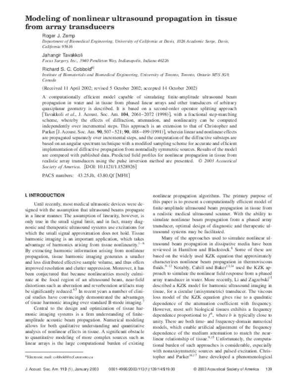 Pdf Modeling Of Nonlinear Ultrasound Propagation In Tissue From Array Transducers