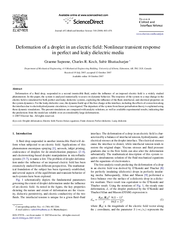 (PDF) Deformation of a droplet in an electric field: Nonlinear ...
