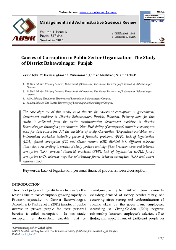 (PDF) Causes of Corruption in Public Sector Organization: The Study of District Bahawalnagar, Punjab