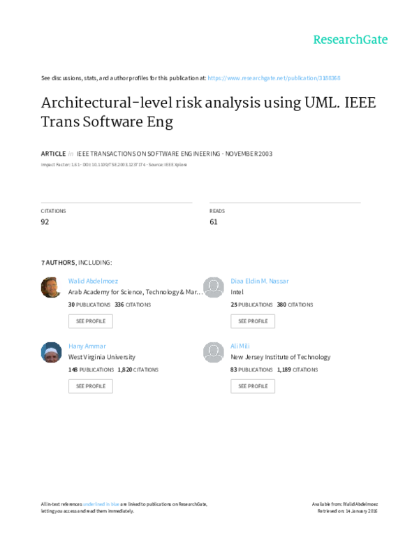 (PDF) Architectural-level risk analysis using uml