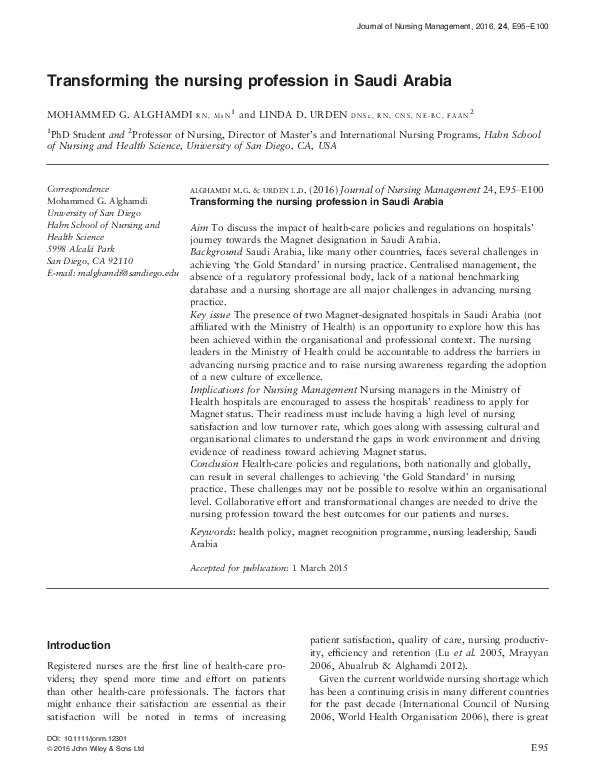 (PDF) Transforming the nursing profession in Saudi Arabia