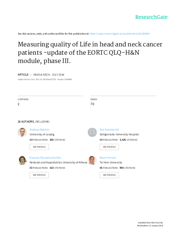 (PDF) Measuring quality of life in patients with head and neck cancer: Update of the EORTC QLQ-H ...