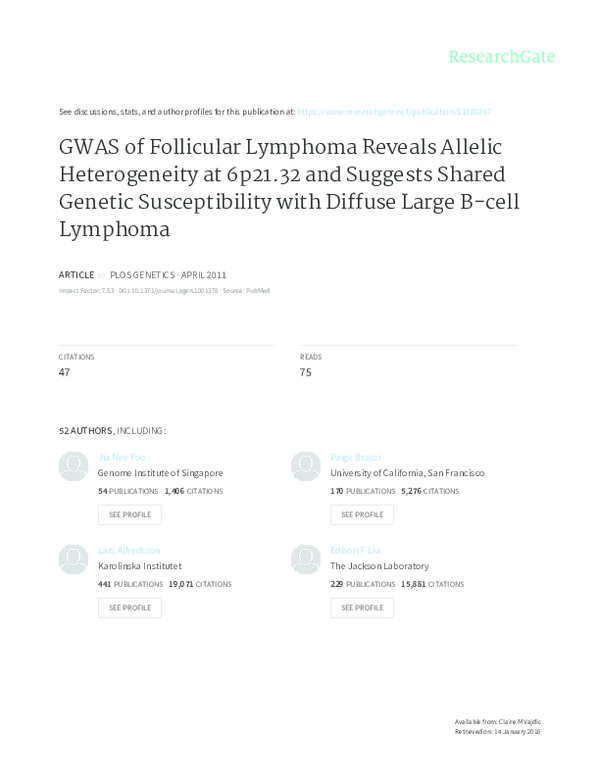 (PDF) GWAS of Follicular Lymphoma Reveals Allelic Heterogeneity at 6p21 ...
