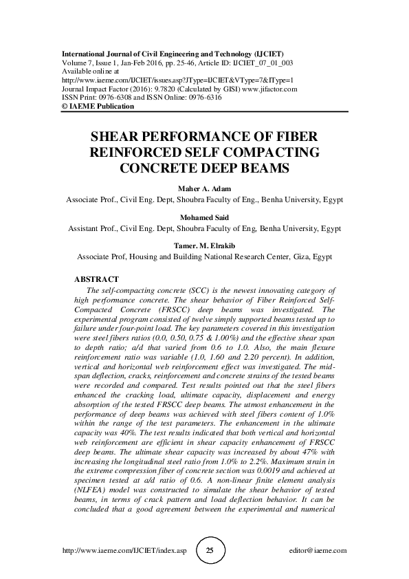 Pdf Shear Performance Of Fiber Reinforced Self Compacting Concrete Deep Beams