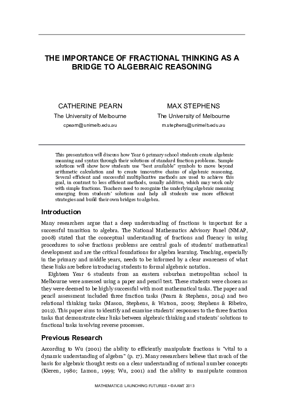 (DOC) The importance of fractional thinking as a bridge to algebraic ...