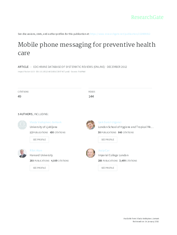 (PDF) Mobile phone messaging for preventive health care