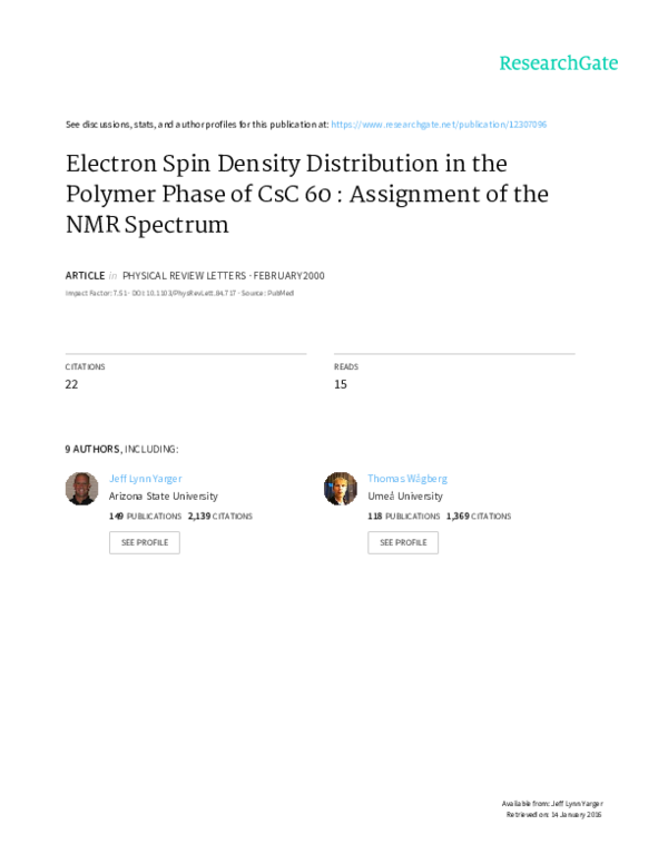 (PDF) Electron Spin Density Distribution in the Polymer Phase of CsC60 ...