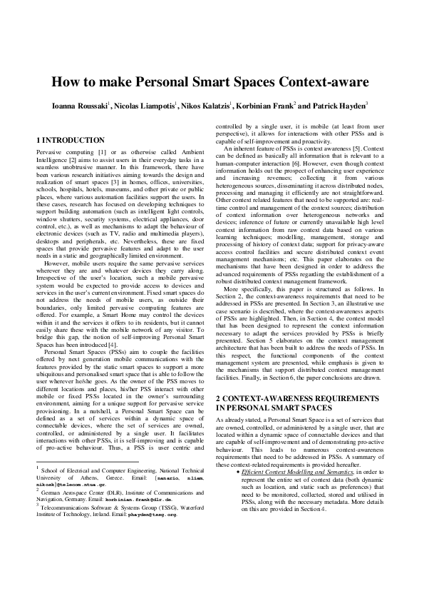(PDF) How to make Personal Smart Spaces Context-aware