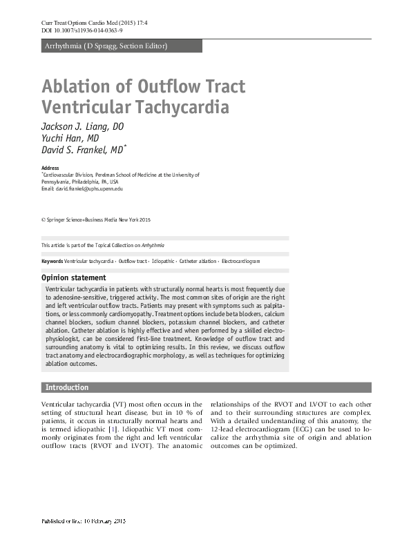 (PDF) Ablation of outflow tract ventricular tachycardia