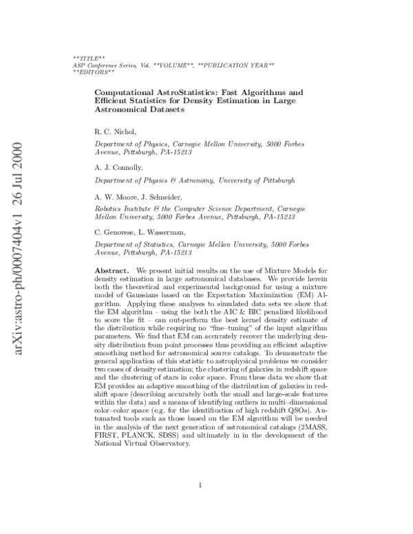 Pdf Computational Astrostatistics Fast Algorithms And Efficient