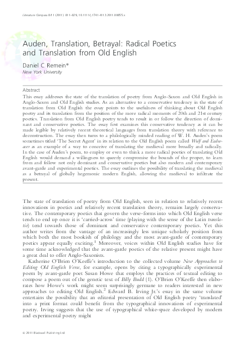 (PDF) Auden, Translation, Betrayal: Radical Poetics and Translation ...