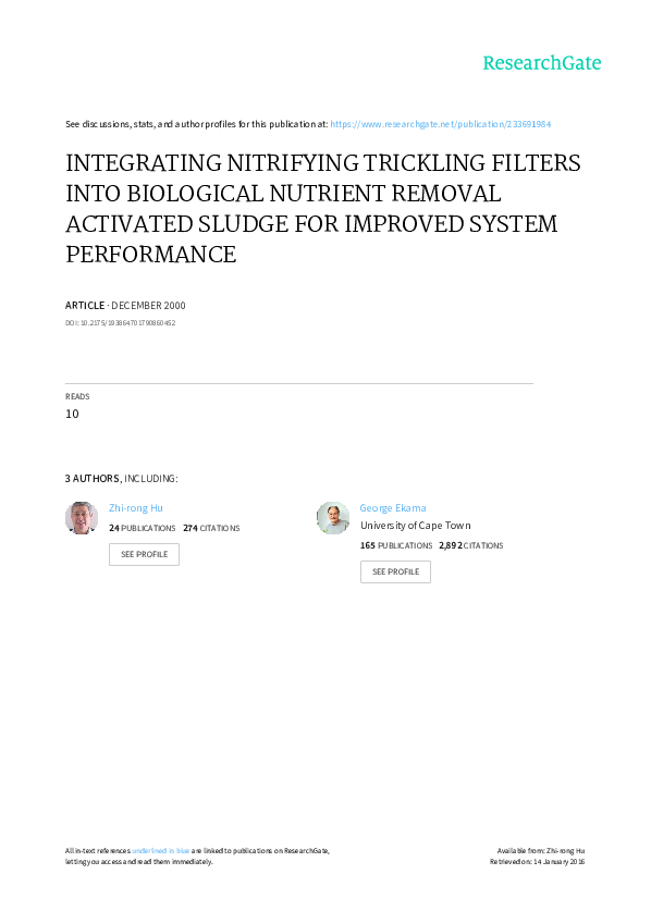 (PDF) INTEGRATING NITRIFYING TRICKLING FILTERS INTO BIOLOGICAL NUTRIENT ...