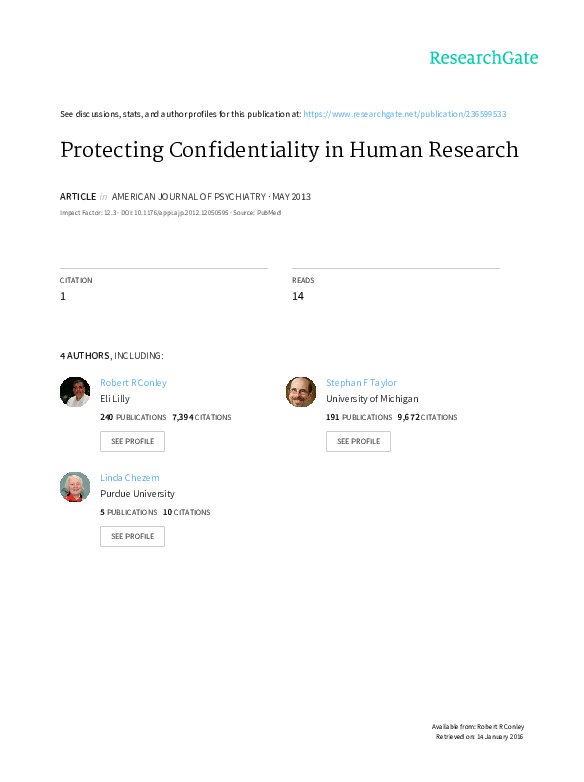 (PDF) Protecting Confidentiality in Human Research