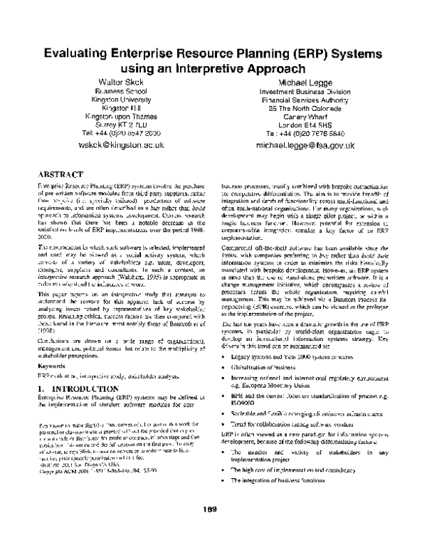 (PDF) Evaluating enterprise resource planning (ERP) systems using an interpretive approach
