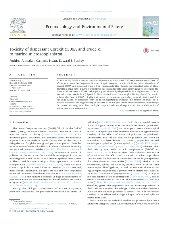 (PDF) Toxicity of dispersant Corexit 9500A and crude oil to marine ...