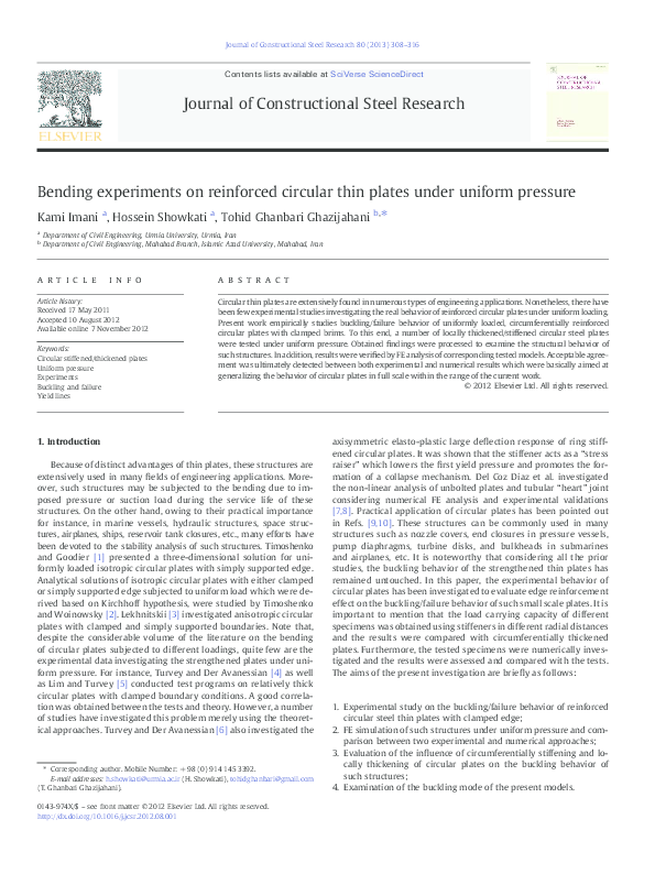 (PDF) Bending experiments on reinforced circular thin plates under ...