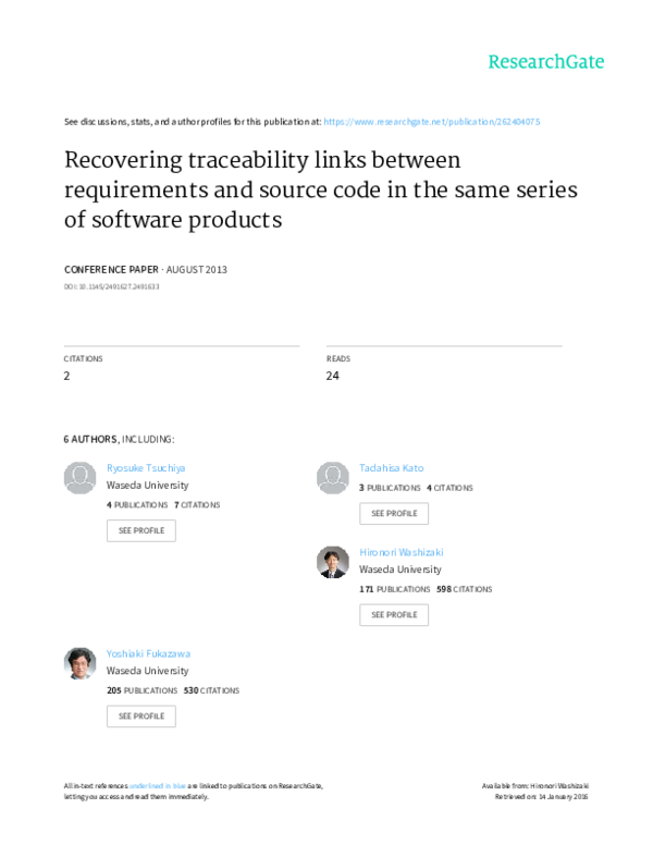 (PDF) Recovering traceability links between requirements and source code in the same series of ...