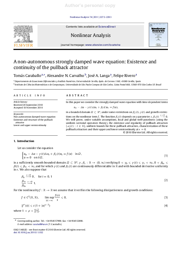 Pdf A Non Autonomous Strongly Damped Wave Equation Existence And Continuity Of The Pullback