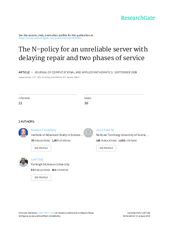 (PDF) The -policy for an unreliable server with delaying repair and two ...