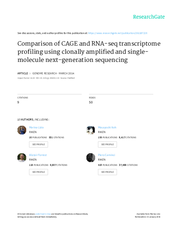 Pdf Comparison Of Cage And Rna Seq Transcriptome Profiling Using Clonally Amplified And Single