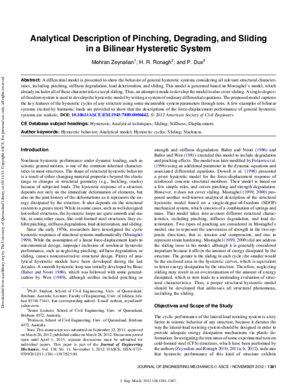 (PDF) Analytical Description of Pinching, Degrading, and Sliding in a Bilinear Hysteretic System