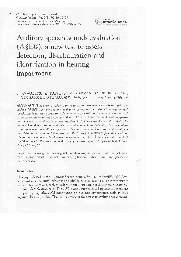 (PDF) Auditory speech sounds evaluation (A§E®): a new test to assess ...