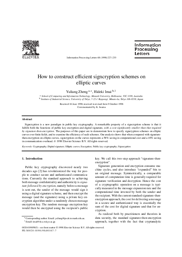 Pdf How To Construct Efficient Signcryption Schemes On Elliptic Curves