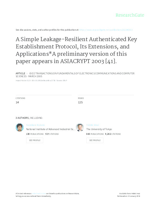 (PDF) A Simple Leakage-Resilient Authenticated Key Establishment Protocol, Its Extensions, and ...