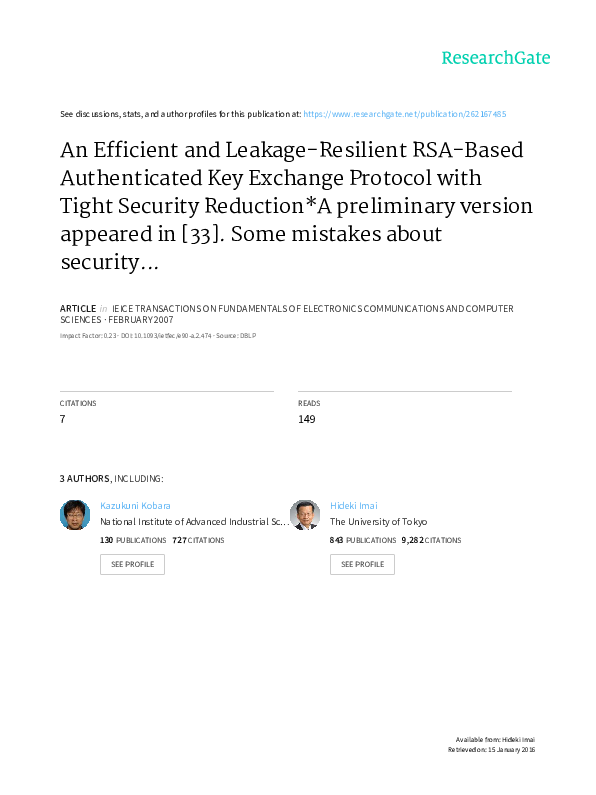 Pdf An Efficient And Leakage Resilient Rsa Based Authenticated Key