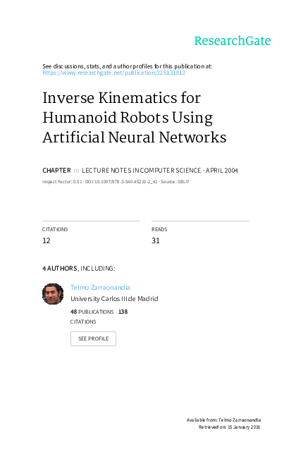(PDF) Inverse Kinematics for Humanoid Robots Using Artificial Neural Networks