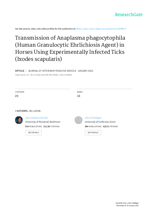 (PDF) Transmission of Anaplasma phagocytophila (Human Granulocytic ...