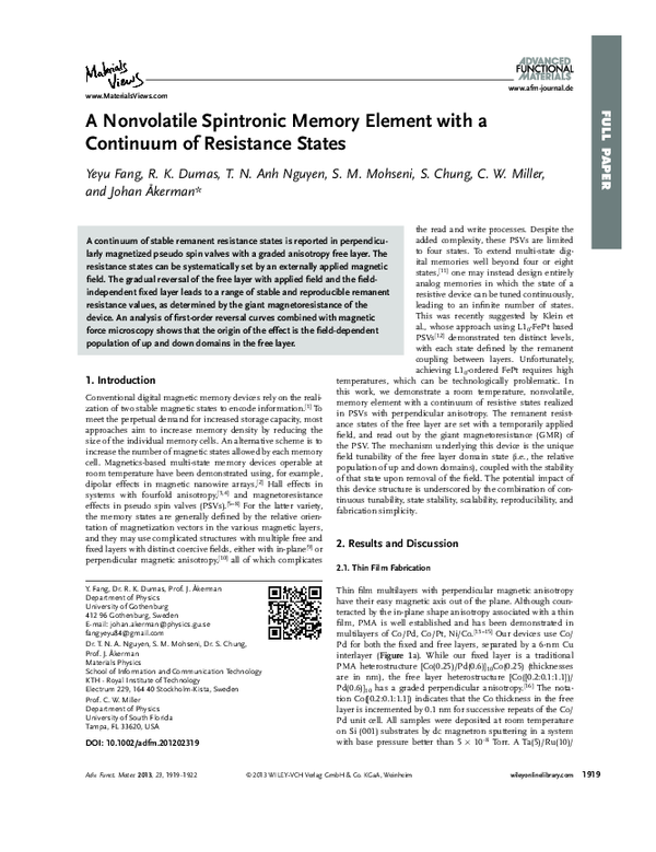 Pdf A Nonvolatile Spintronic Memory Element With A Continuum Of Resistance States 