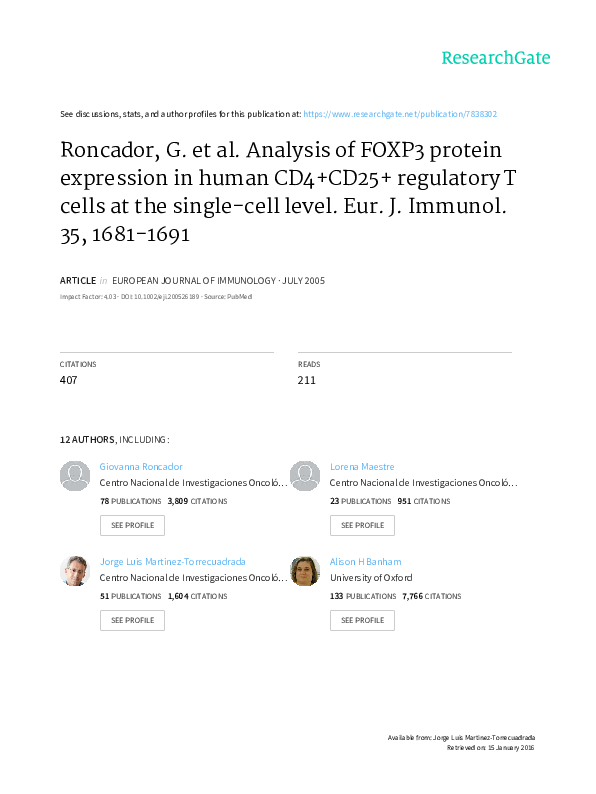 (PDF) Analysis of FOXP3 protein expression in human CD4+CD25+ regulatory T cells at the single ...
