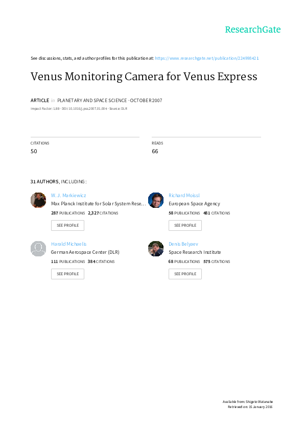 (PDF) Venus Monitoring Camera for Venus Express