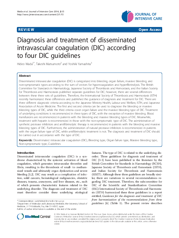 (PDF) Diagnosis and treatment of disseminated intravascular coagulation ...