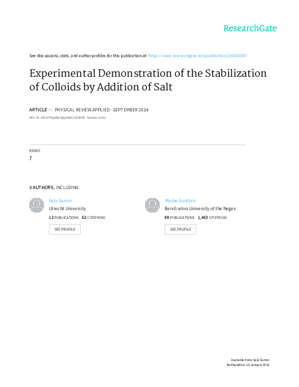 (PDF) Experimental Demonstration of the Stabilization of Colloids by ...
