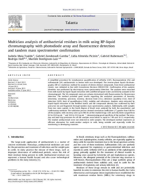 (PDF) Multiclass analysis of antibacterial residues in milk using RP-liquid chromatography with ...